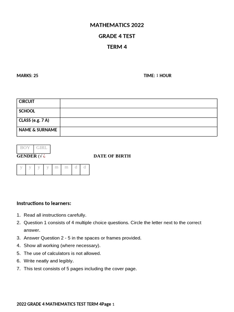 Grade 4 Mathematics Test Term 4 2022 | PDF | Volume | Mathematics