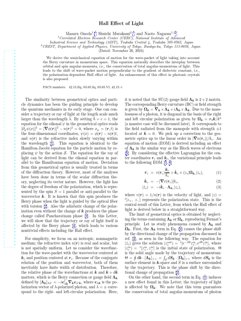 Hall Effect of Light | PDF | Light | Reflection (Physics)