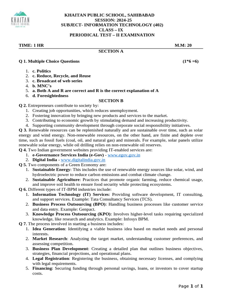 Class IX PA 2 QP (2024-25) - Answer Key | PDF | Renewable Energy ...