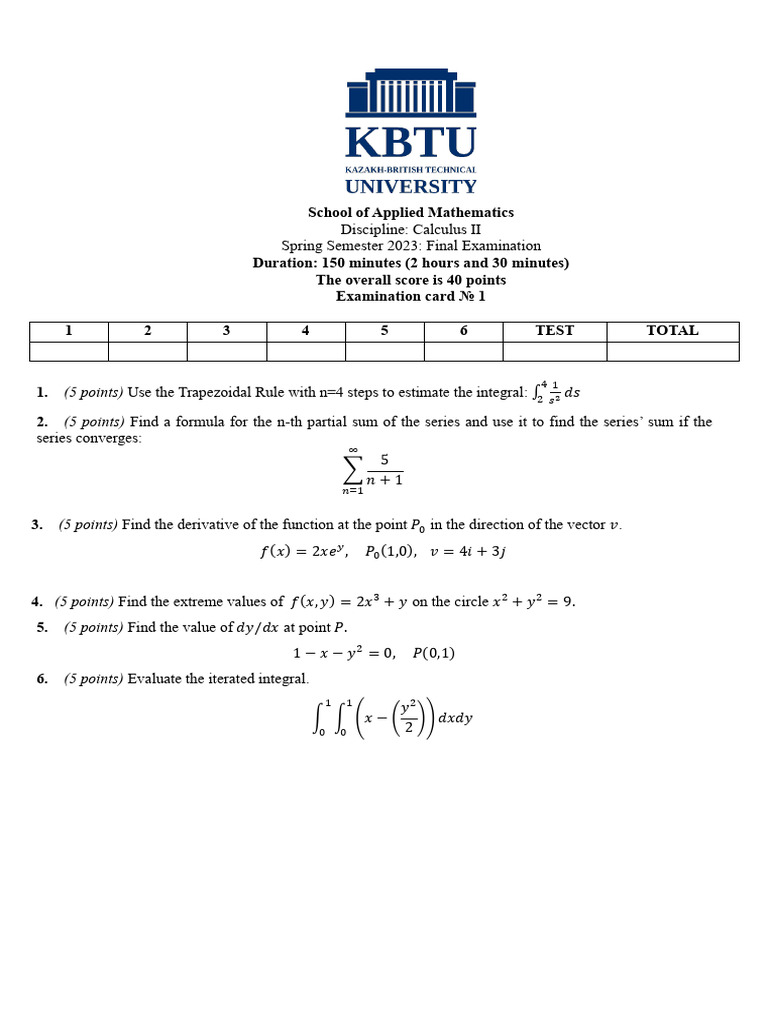 Calculus II Final Exam Spring 2023 | PDF