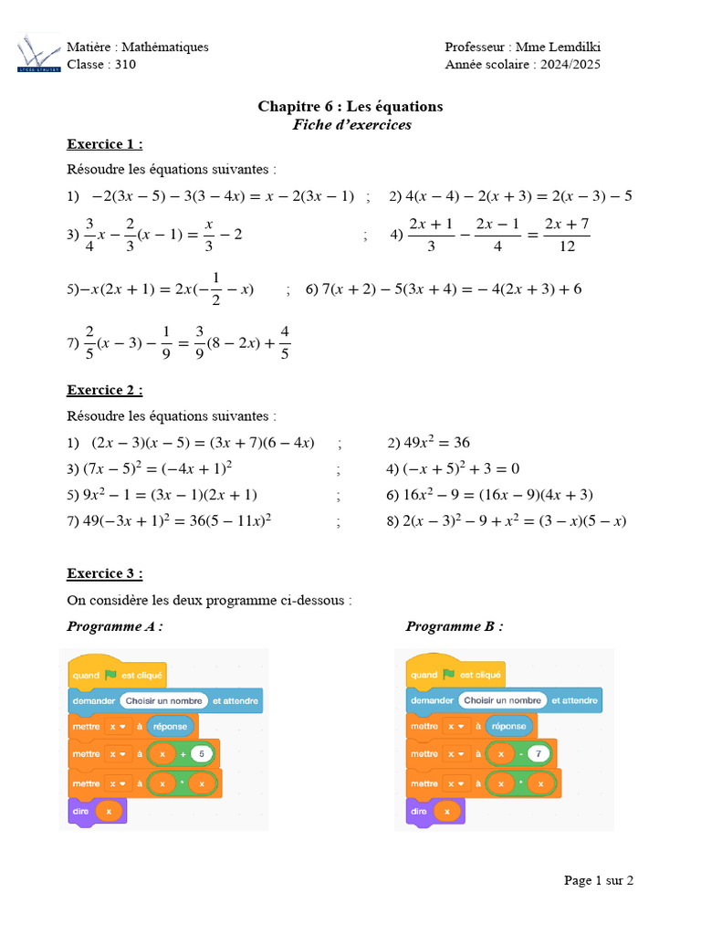 Exercices sur les équations en mathématiques | PDF | Géométrie ...