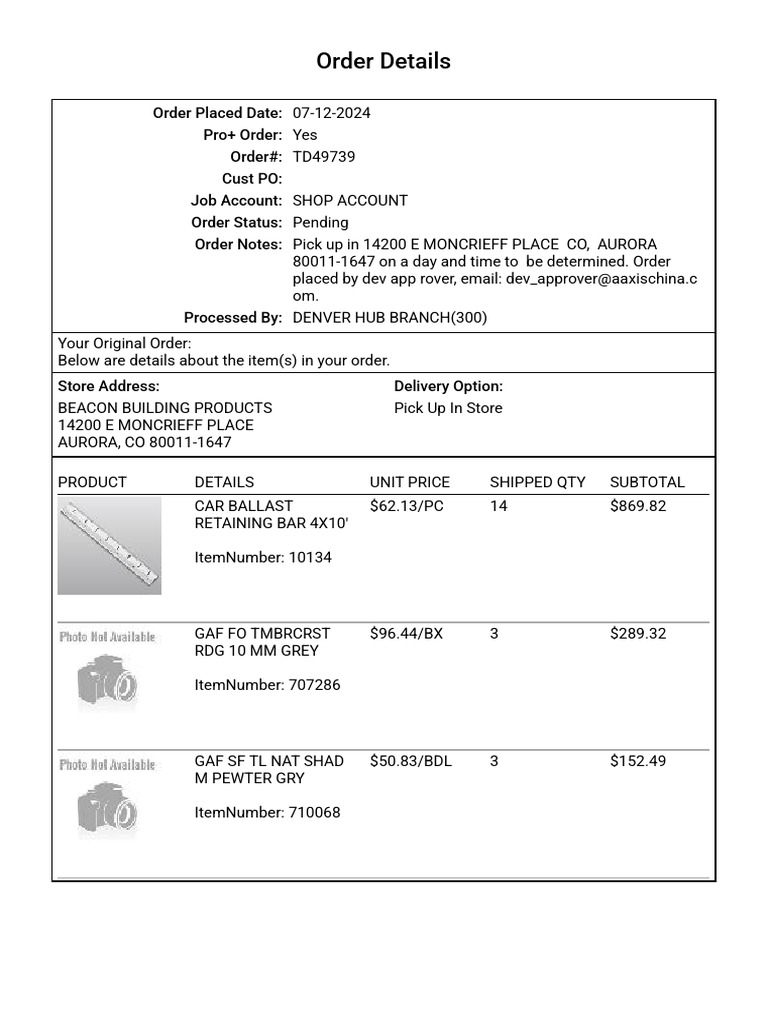 Order Summary for TD49739 | PDF