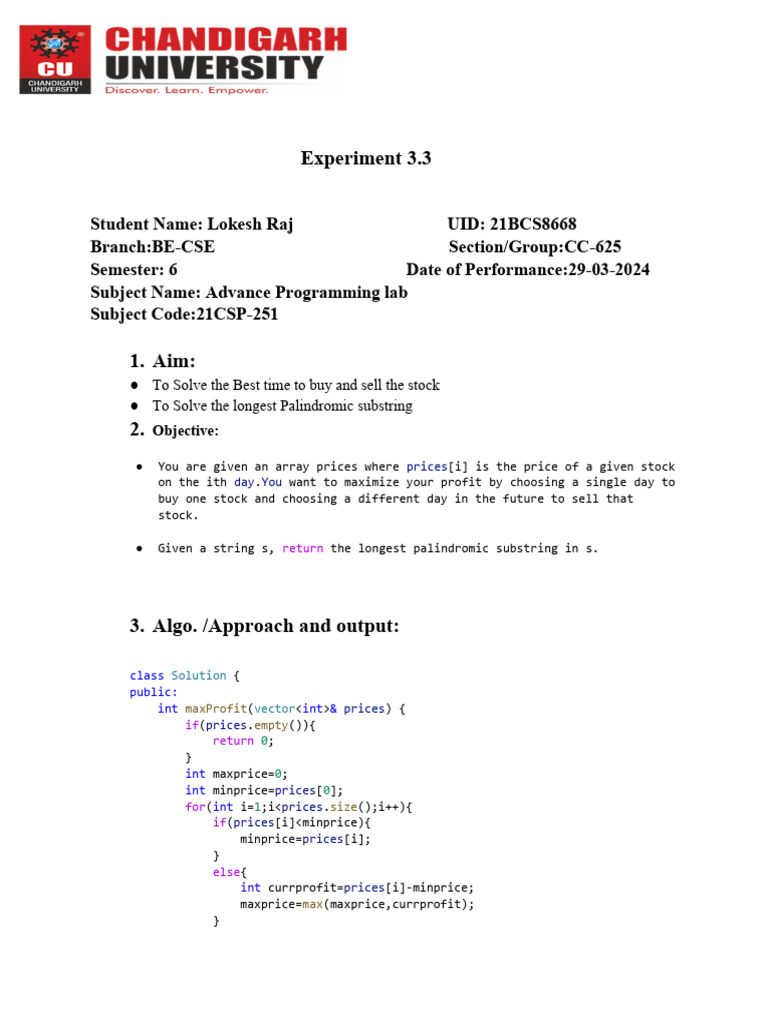 Experiment 3.3: To Solve The Best Time To Buy and Sell The Stock To ...