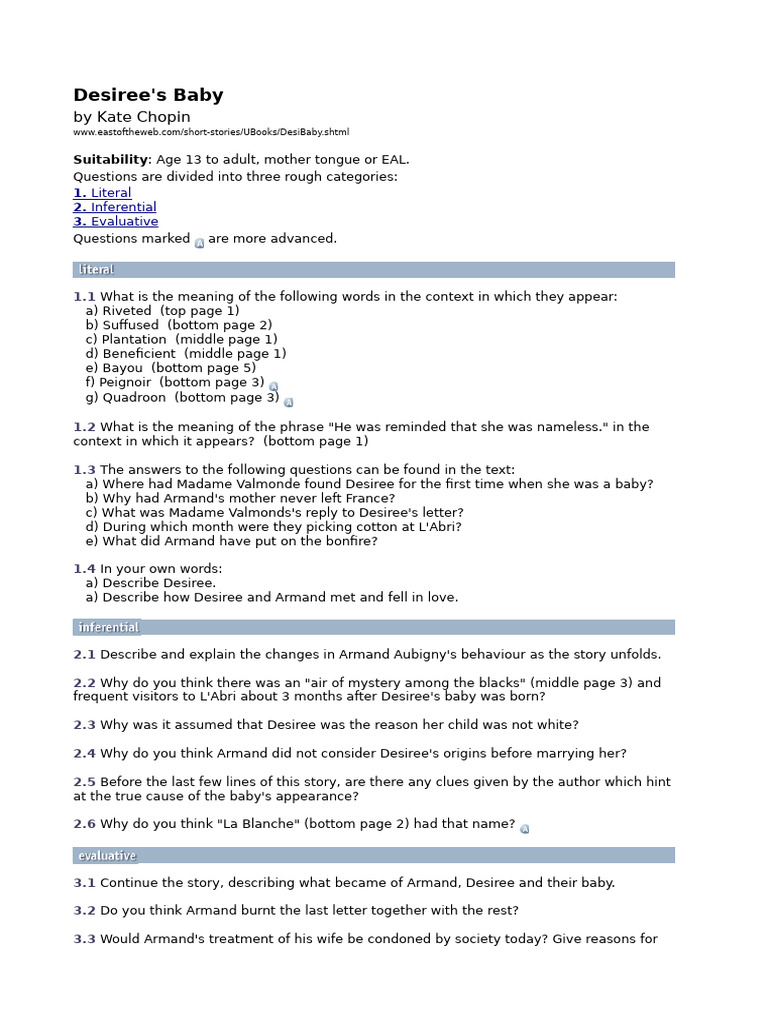 Desirée's Baby Discussion Questions | PDF