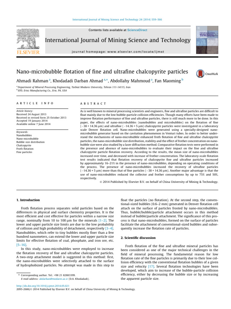 AHMADI Nano-Microbubble Flotation of Fine and Ultrafine Chalcopyrite Particles | PDF | Applied ...