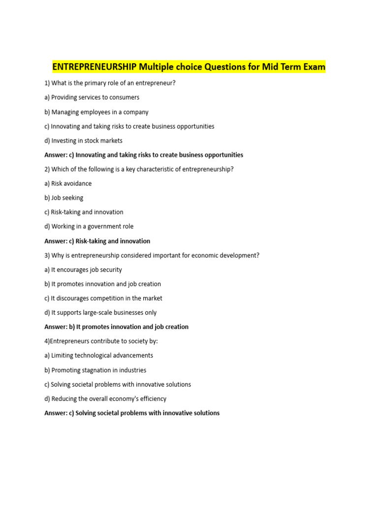 Entrepreneurship MCQs for Mid Term Exam | PDF | Entrepreneurship | Innovation