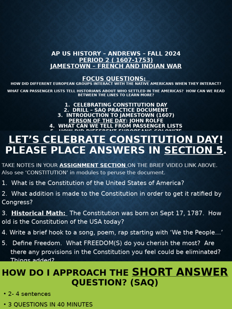 Period 2 Lesson 1 Introduction to Jamestown and Constitution | PDF ...