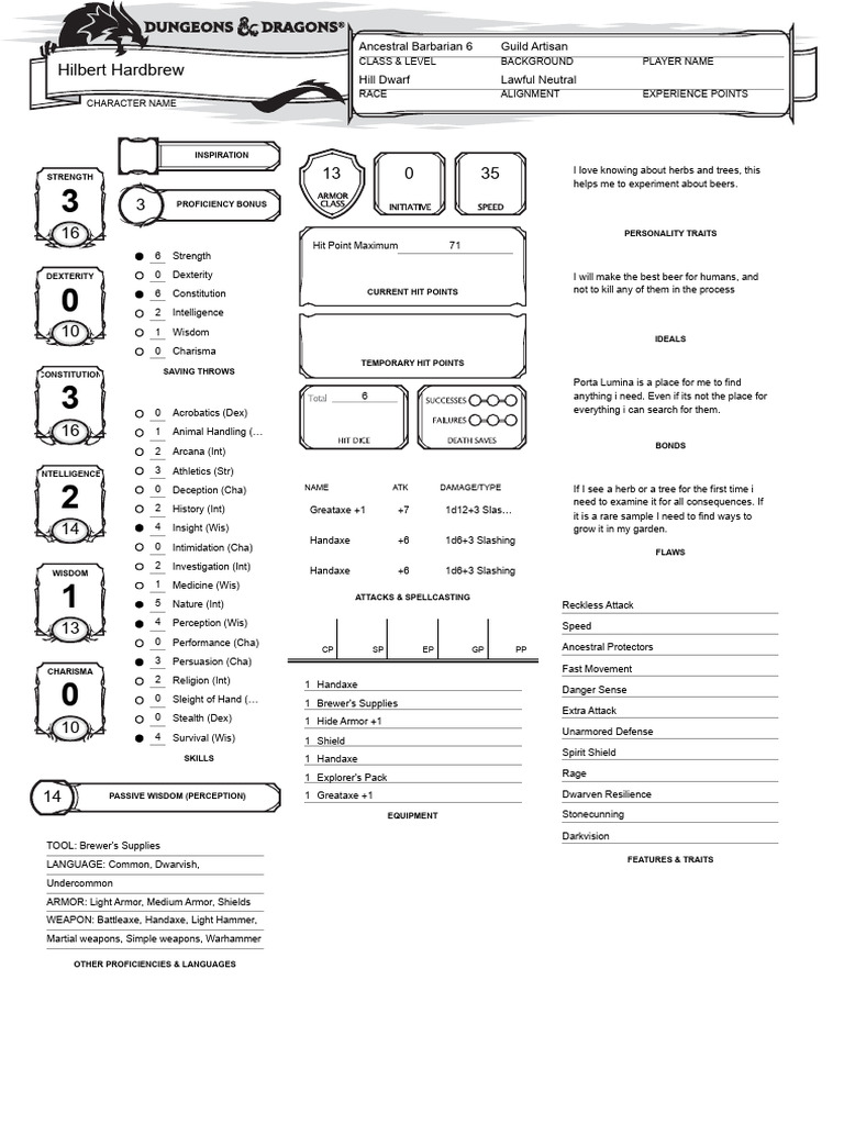 Hilbert Hardbrew - Roll20 Characters | PDF