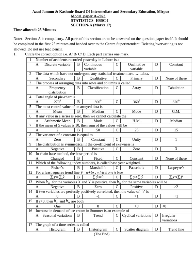 Model Paper (Statistics Inter Part-I) BISE, Mirpur (Syllabus of FBISE ...