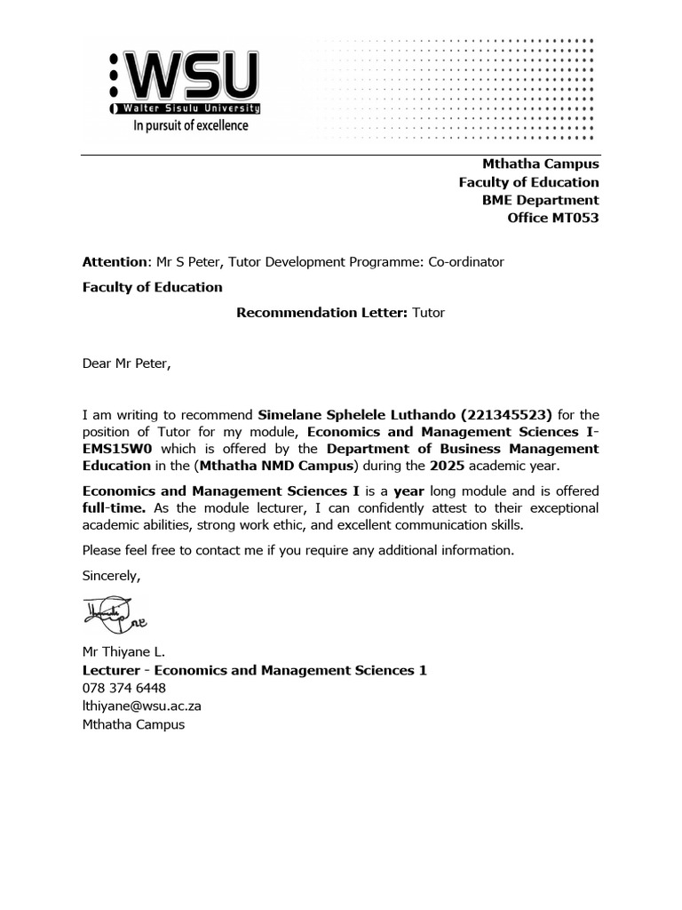 RECOMMENDATION LETTER - Tutor - Simelane Siphelele | PDF