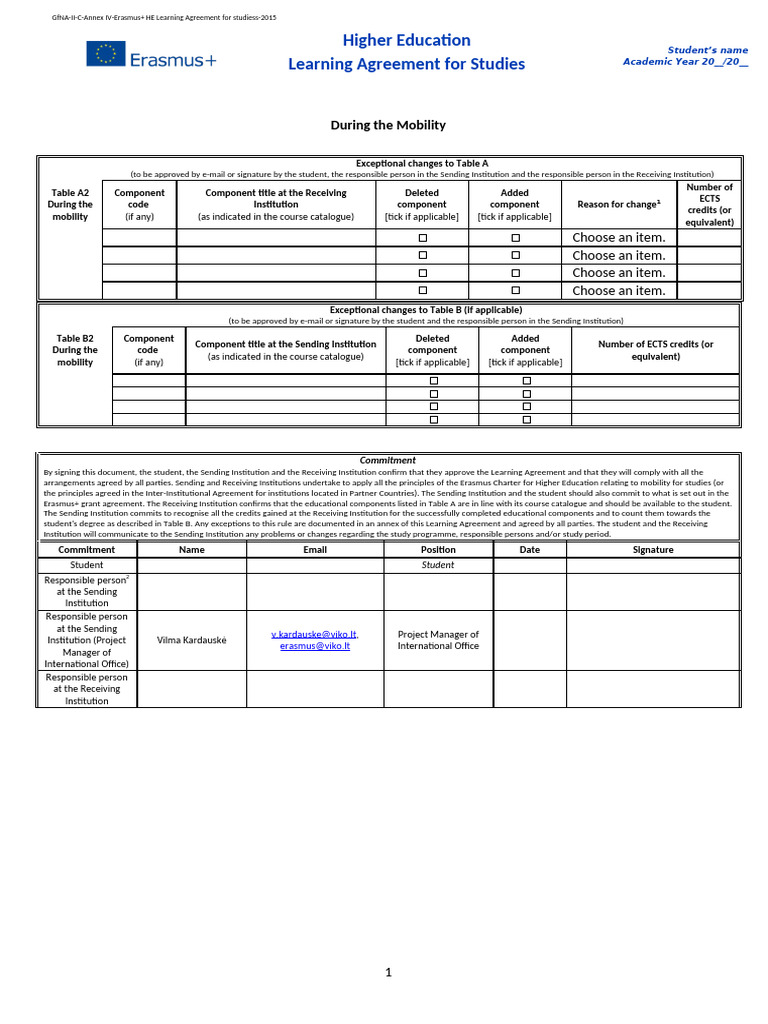Erasmus+ Learning Agreement Template | PDF