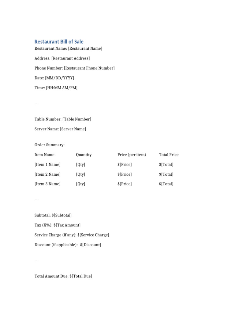 Restaurant Bill of Sale | PDF Restaurant Bill of Sale | PDF