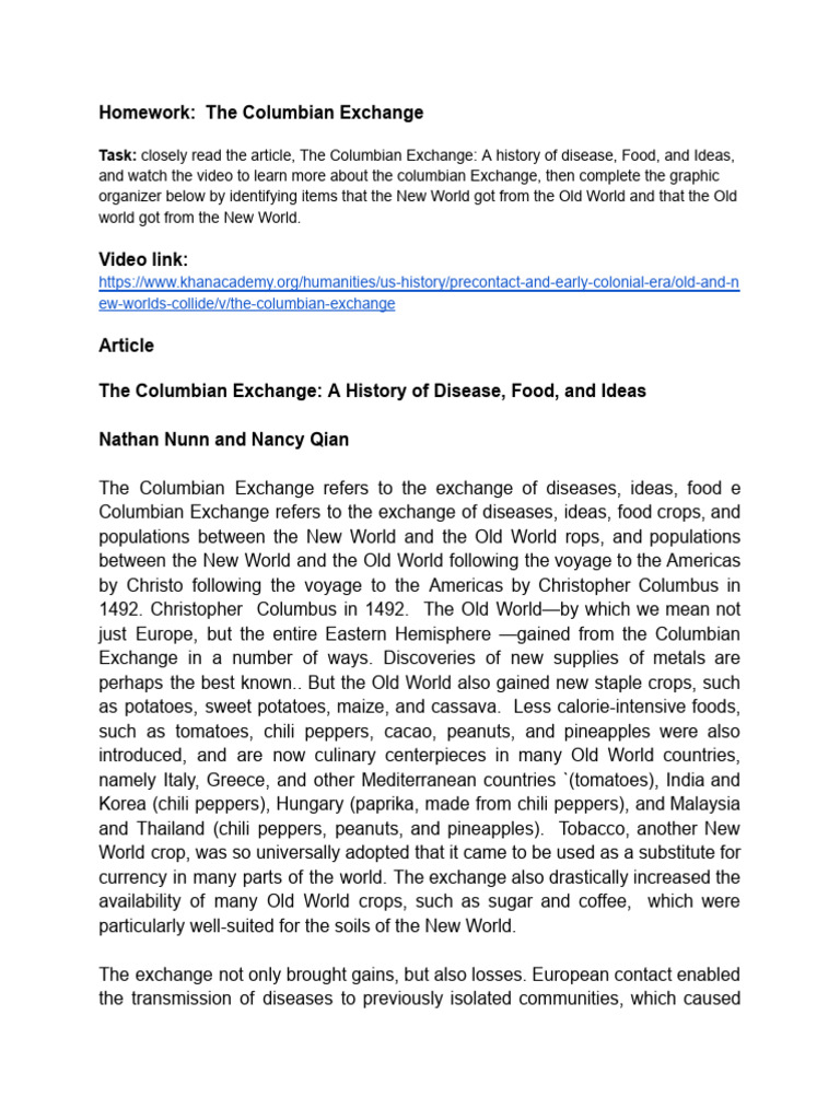 Columbian Exchange: Impact on Worlds | PDF