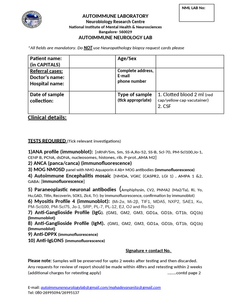 NIMHANS Autoimmune Lab Submission Guide | PDF | Immunology | Medical ...