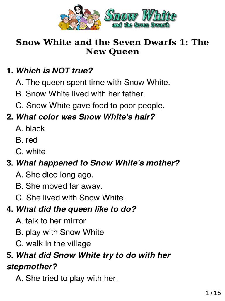 Snow White Quiz: Questions & Answers | PDF | Snow White | Folklore