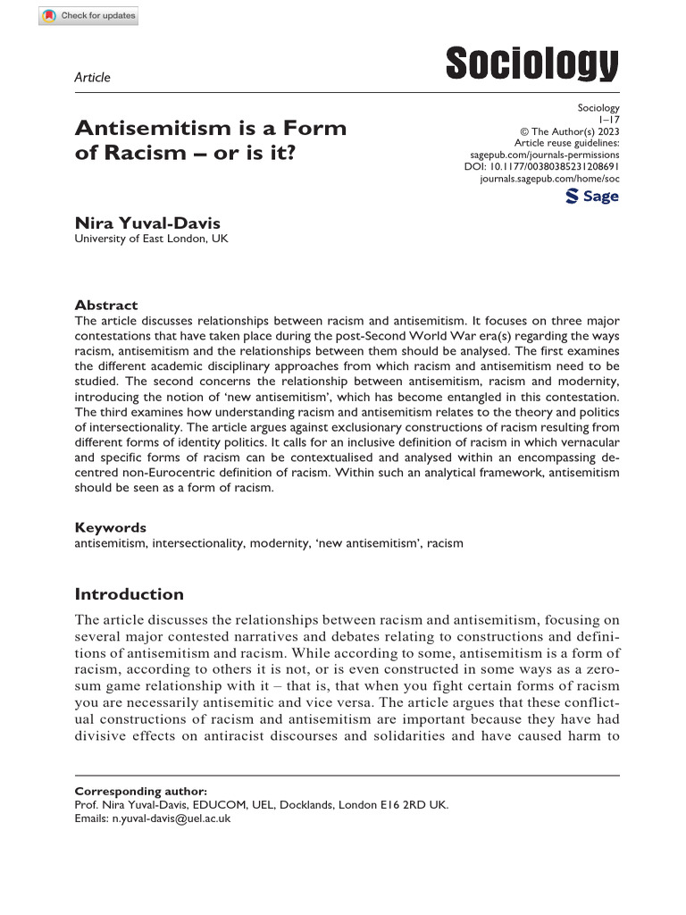 Yuval-Davis Antisemitism-Is-A-Form-Of-Racism-Or-Is-It | PDF | Zionism ...