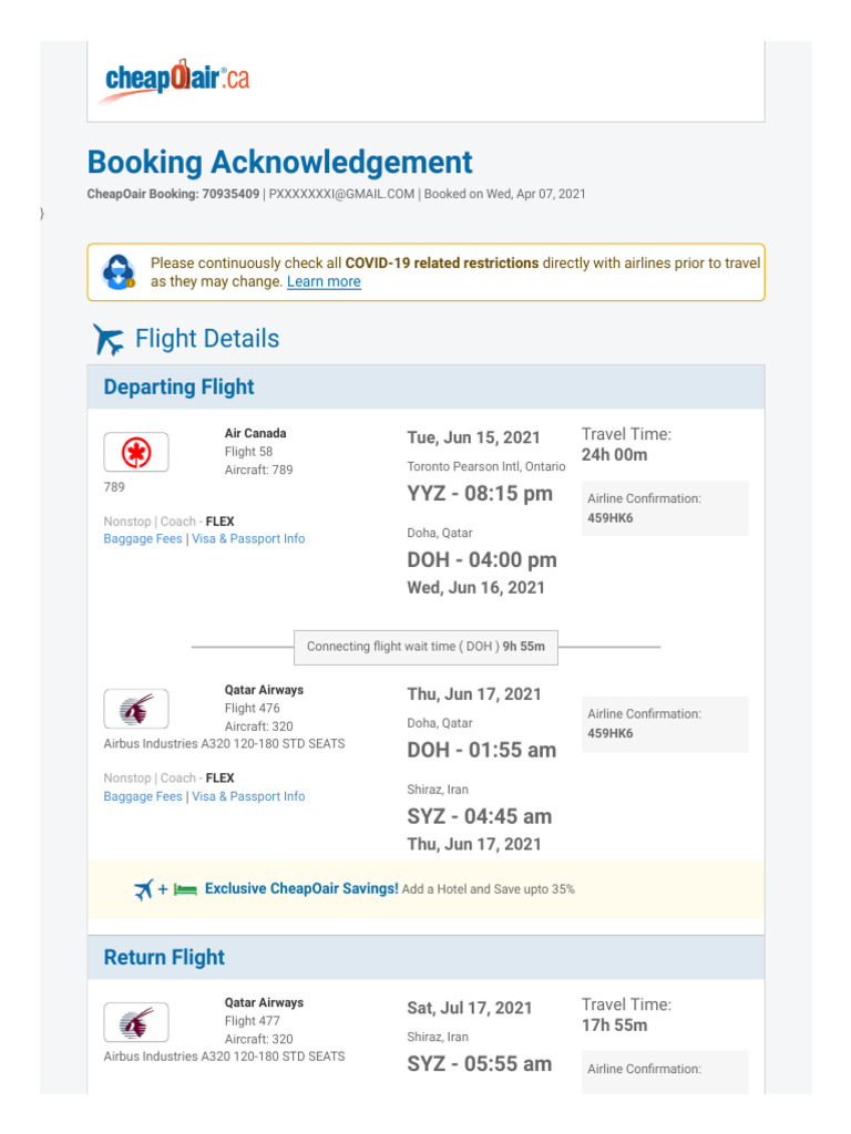 Cheapoair - Booking Confirmation | PDF | Aviation