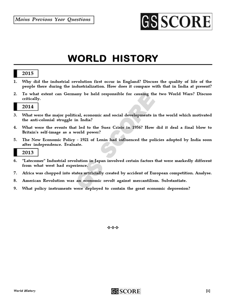 World History Mains Exam Questions | PDF