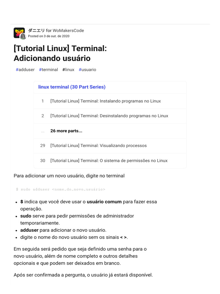 (Tutorial Linux) Terminal - Adicionando Usuário - DEV Community | PDF ...