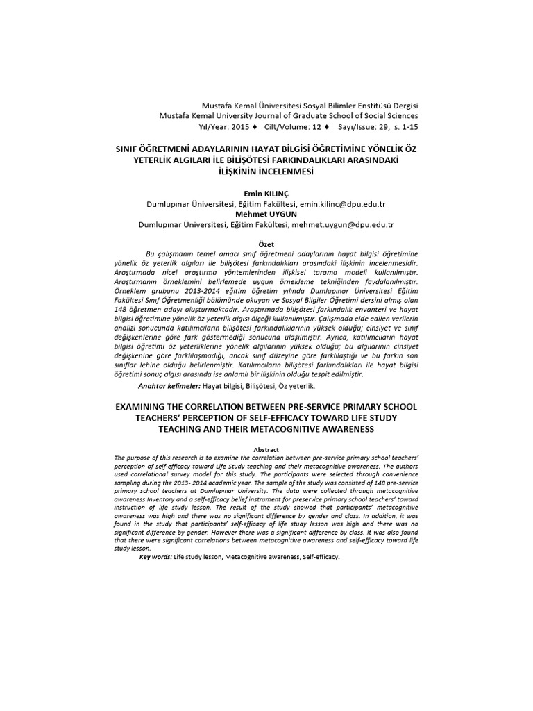 Sinif Retmen Adaylarinin Hayat B LG S Ret M Ne y Nel K Z Yeterl | PDF