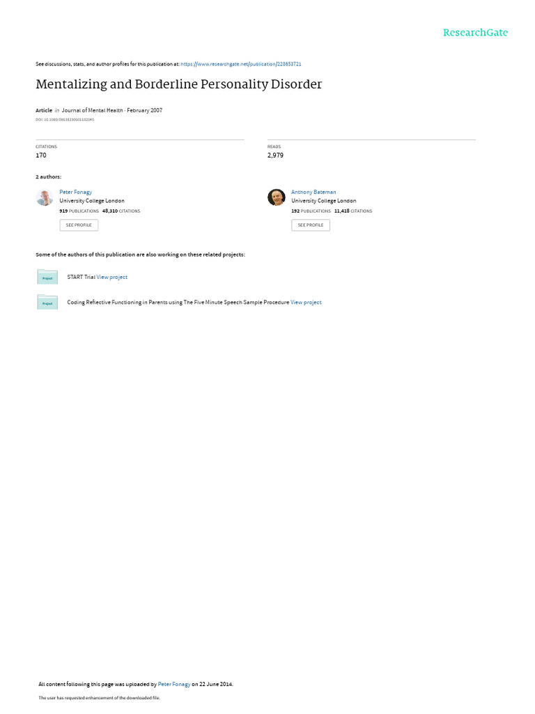 Fonagy, Bateman, 2007 - Mentalizing and Borderline Personality Disorder | PDF | Borderline ...