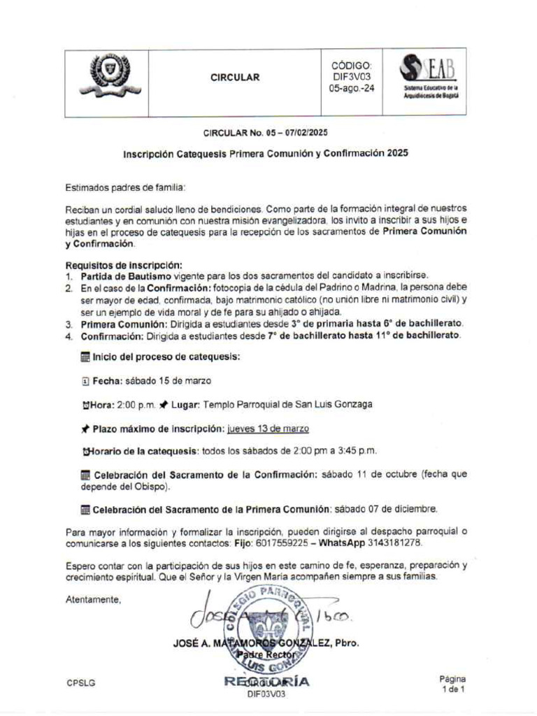 Circular No. 05 _ Catequesis Primera Comunion y Confirmacion 2025 | PDF