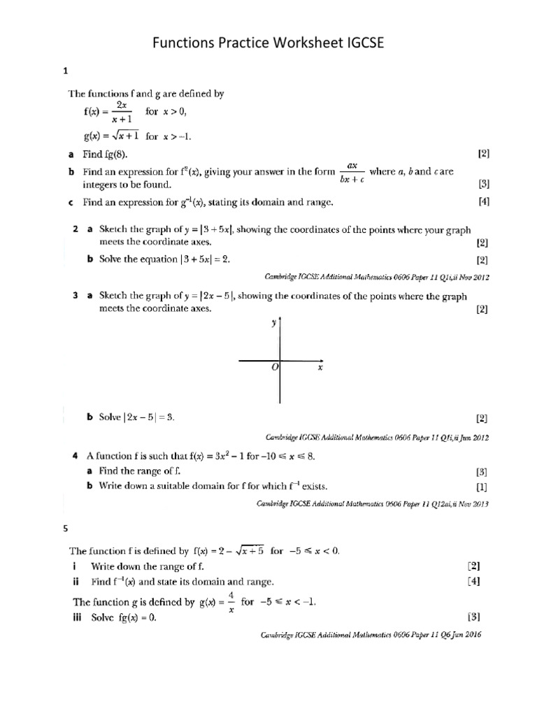 Functions Practice Worksheet IGCSE | PDF