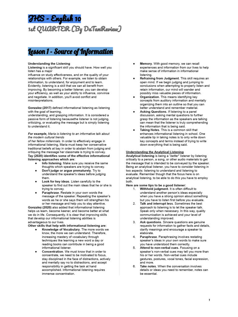 JHS - English 10 (1st Quarter) | PDF | Pronoun | Thriller (Genre)