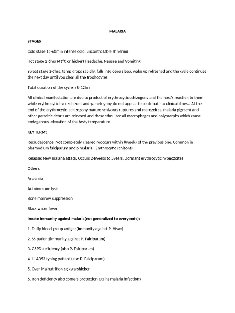 MALARIA. (Note From The Class) | PDF