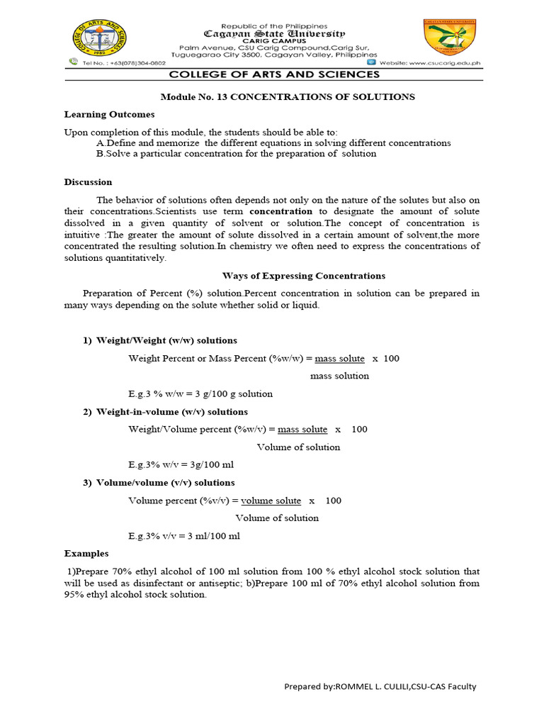 Chemistry Solution Concentrations | PDF | Parts Per Notation ...