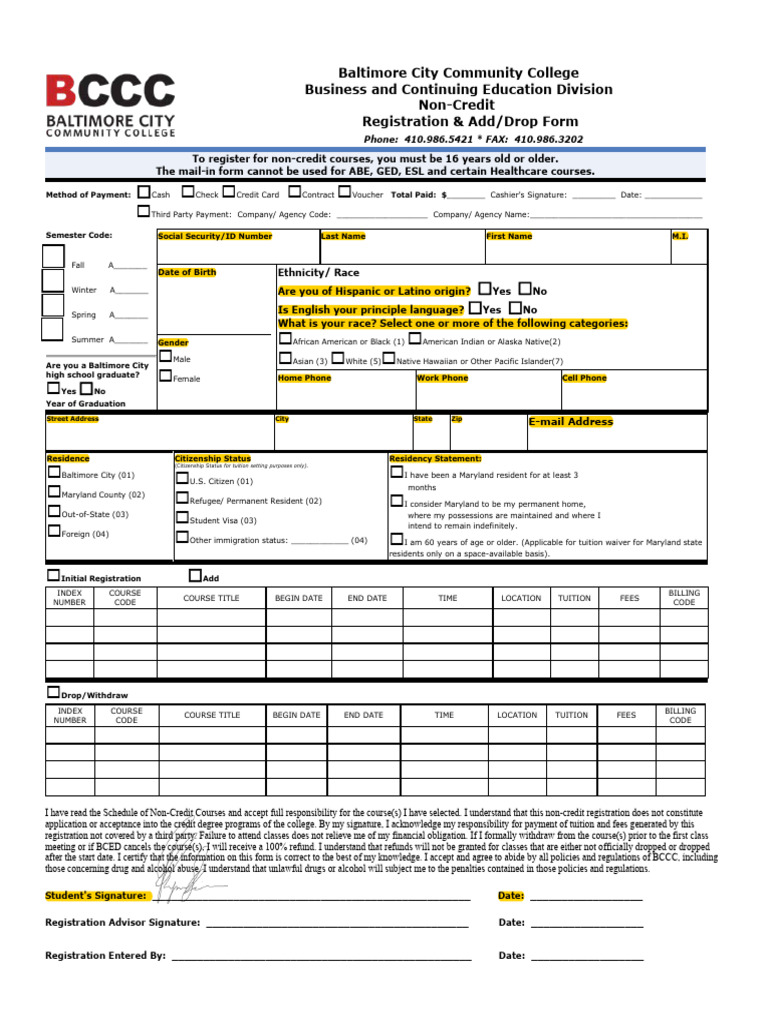 BCCC Non-Credit Course Registration Form | PDF | Race And Ethnicity In ...