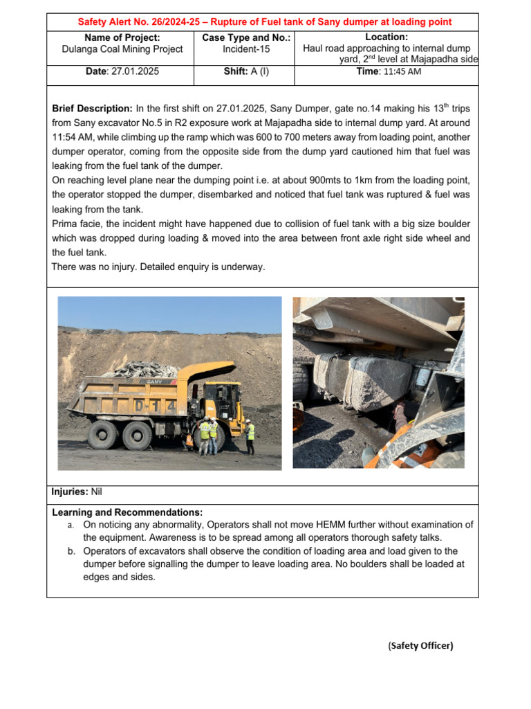 Safety Alert No. 27-2024-25 - Rupture of Fuel Tank of Sany No.14 Dumper ...