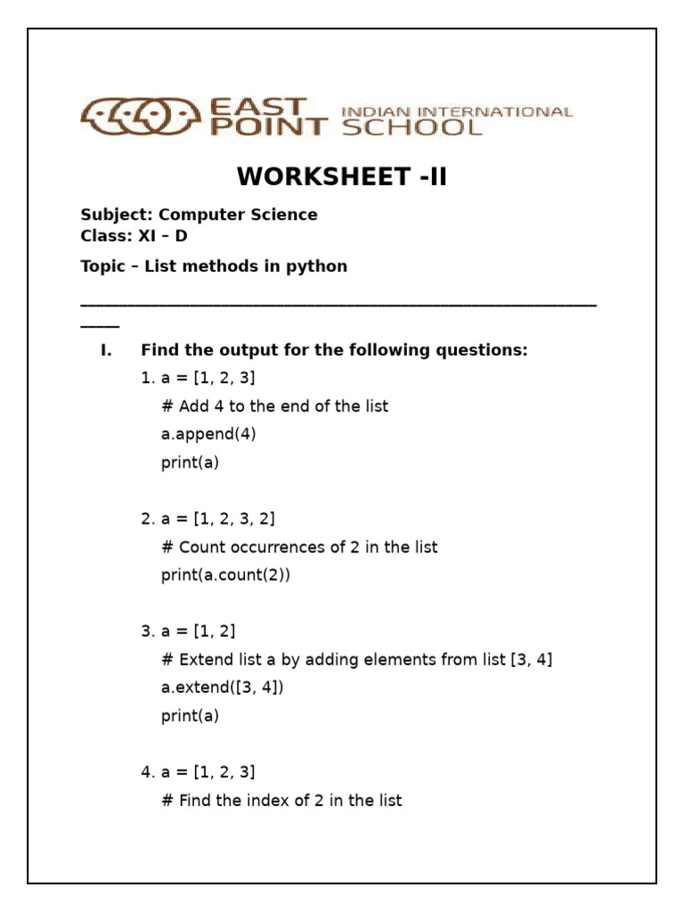 Python List Methods Worksheet XI-D | PDF