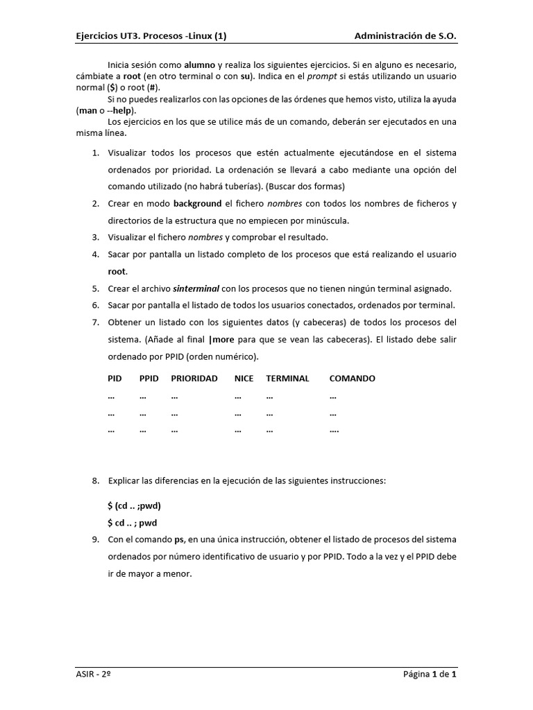 Ejercicios UT3 Procesos Linux | PDF