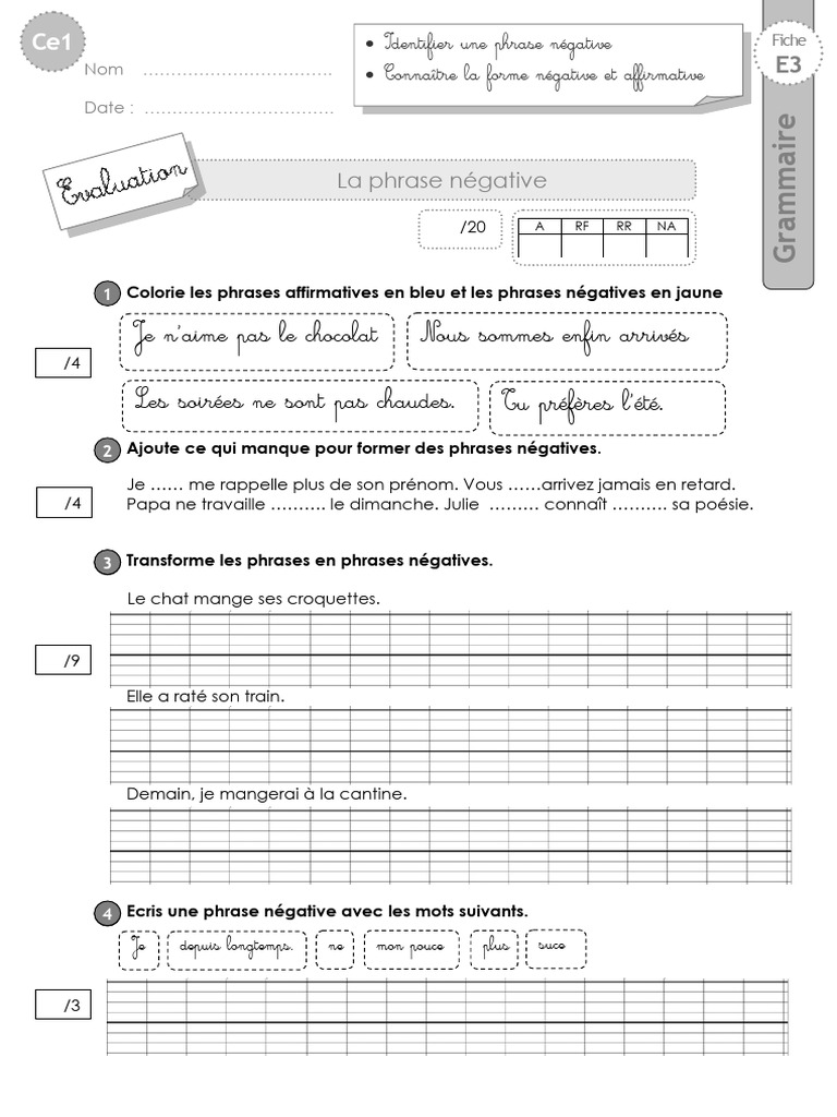 Exercices sur phrases négatives CE1 | PDF