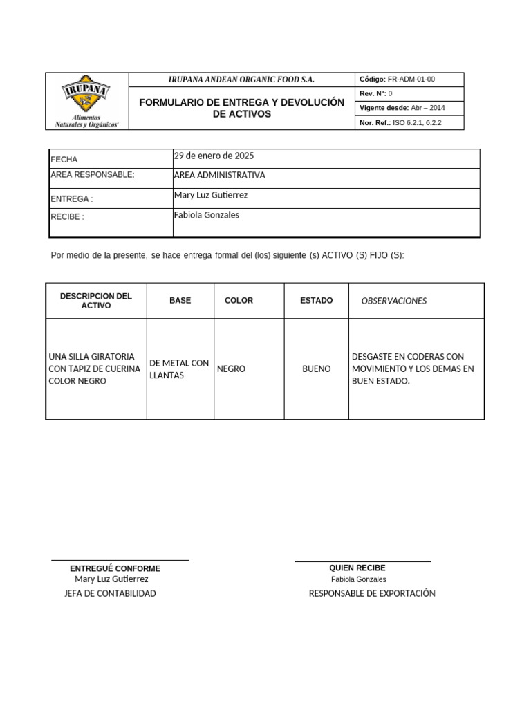 Formulario de Entrega y Devolución | PDF