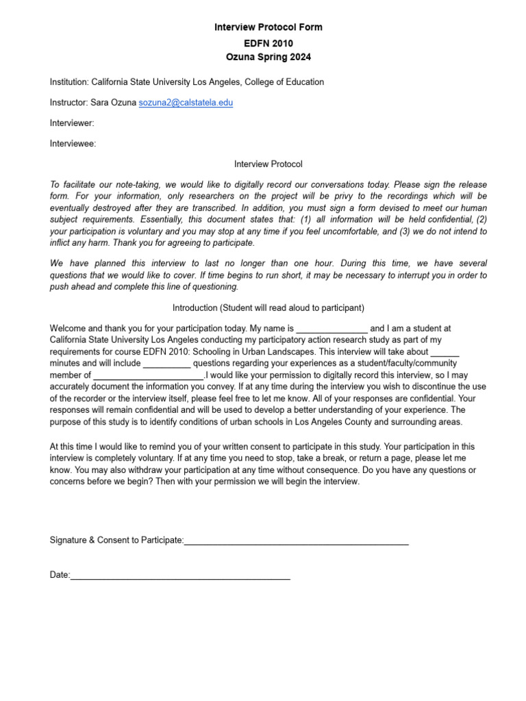 EDFN 2010 Interview Protocol Form Template SPRING 2024 | PDF | Interview