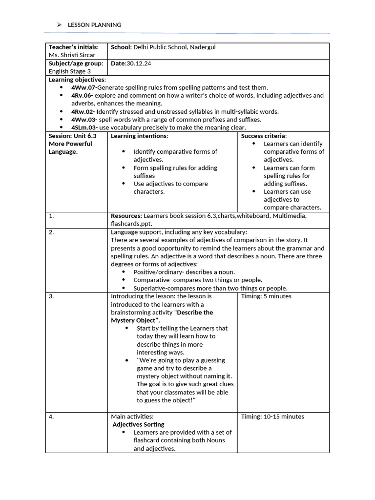 Cambridge Lesson Plan For Audit - Shristi | PDF | Adjective | Word