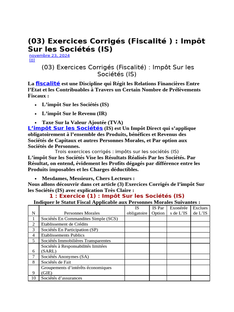 Exercices Corrigés : Impôt sur les Sociétés | PDF | Taxe d'entreprise ...