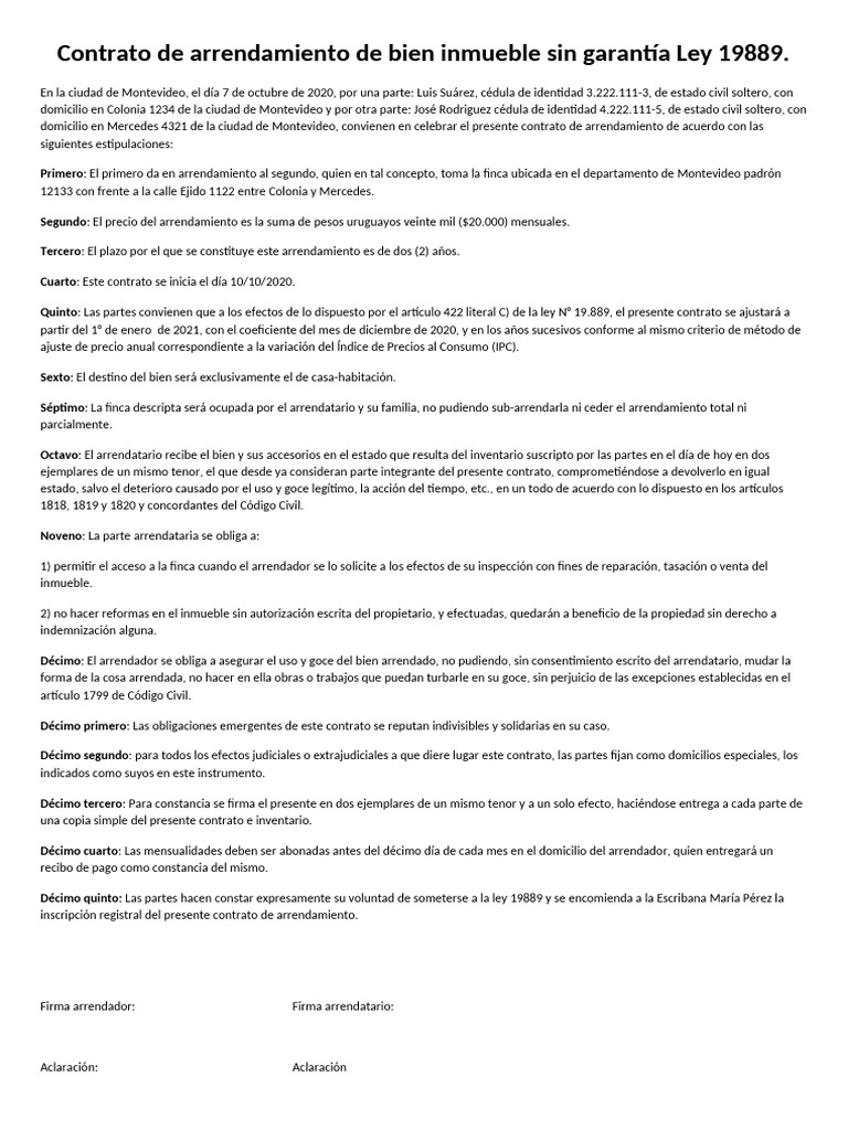 'Contrato de Arrendamiento Ley 19889-1 (LUC - Uruguay) | PDF | Propiedad