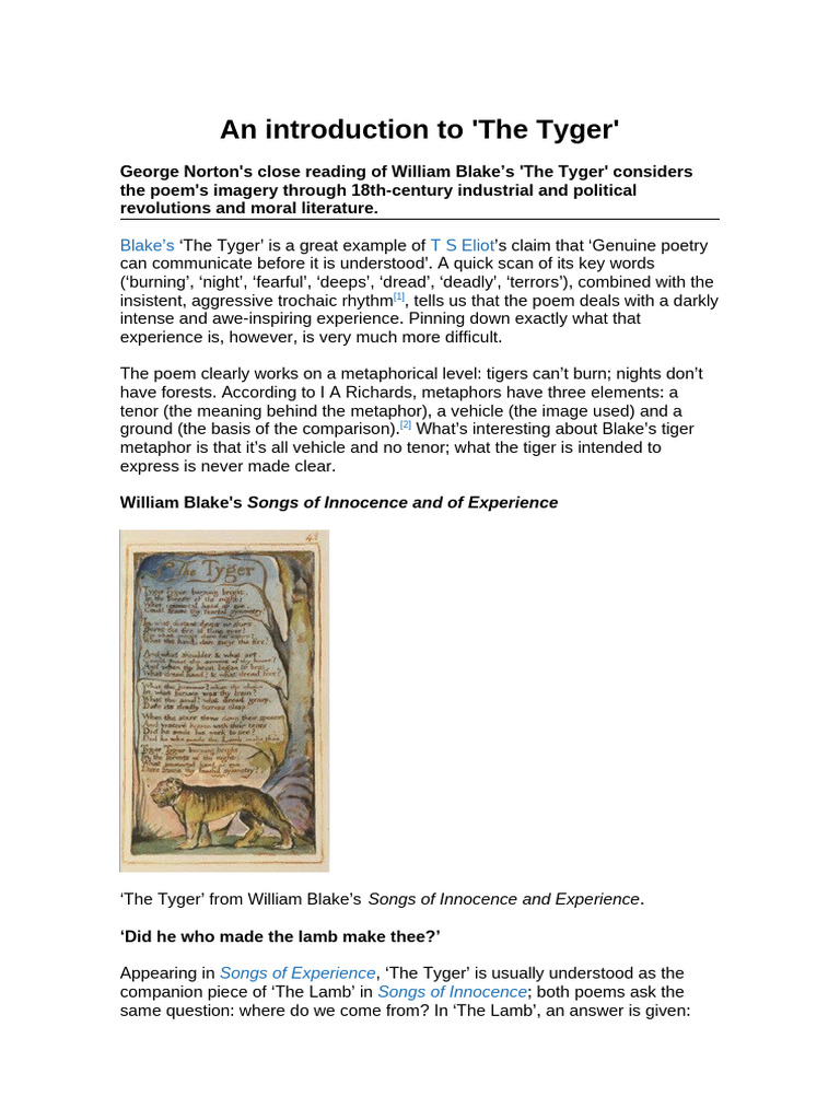 An Introduction To The Tyger | PDF | William Blake