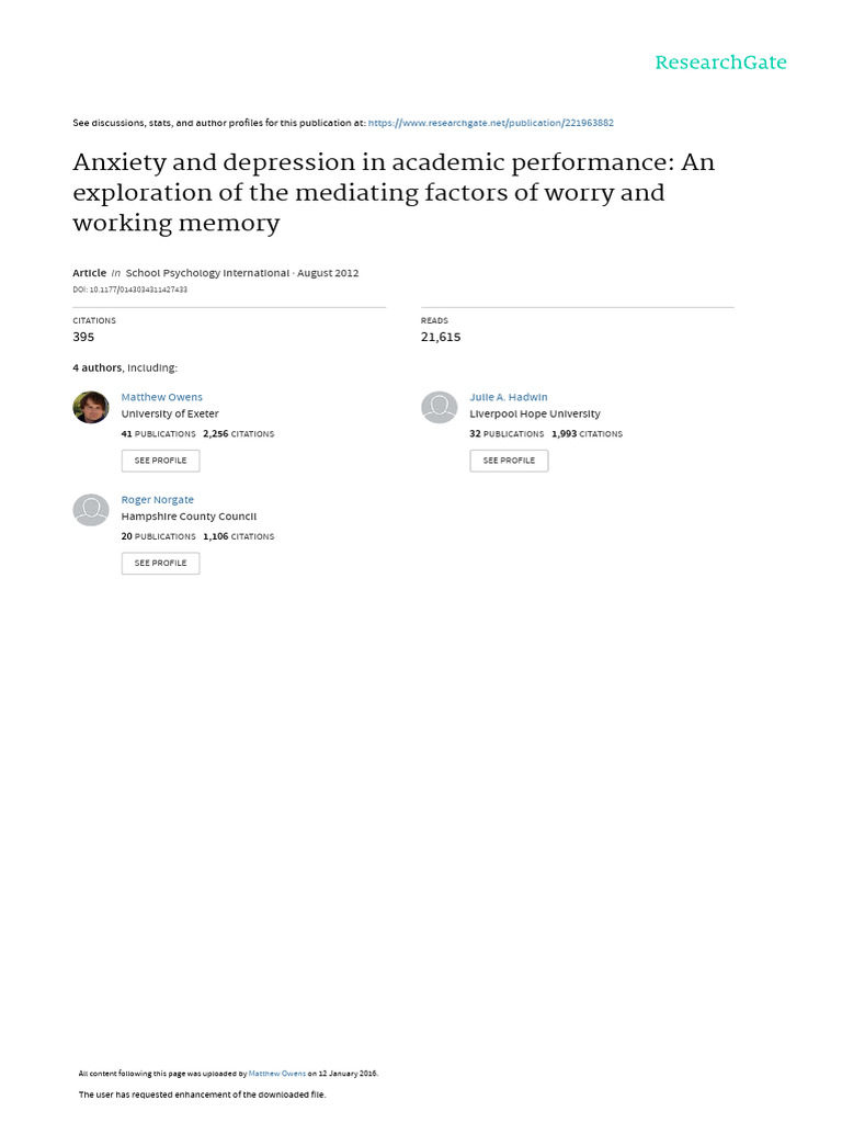 Anxiety, Depression, and Academic Performance | PDF | Cognitive ...