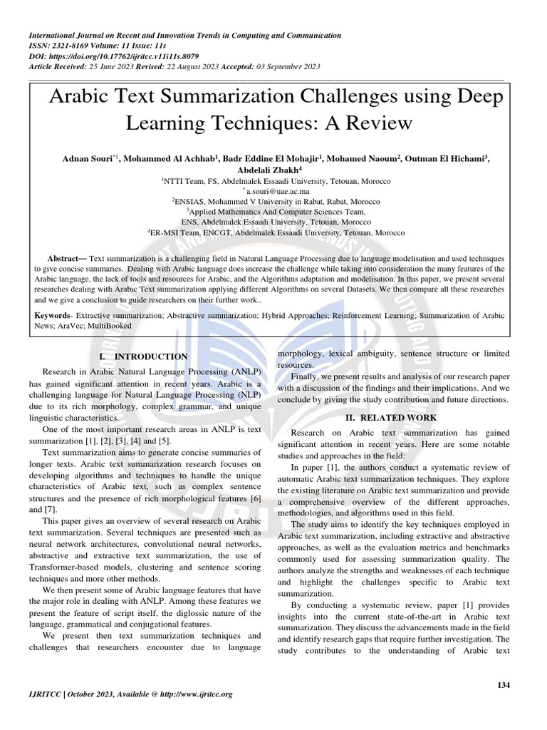 Arabic Text Summarization Challenges Usi | PDF | Grammatical Number ...