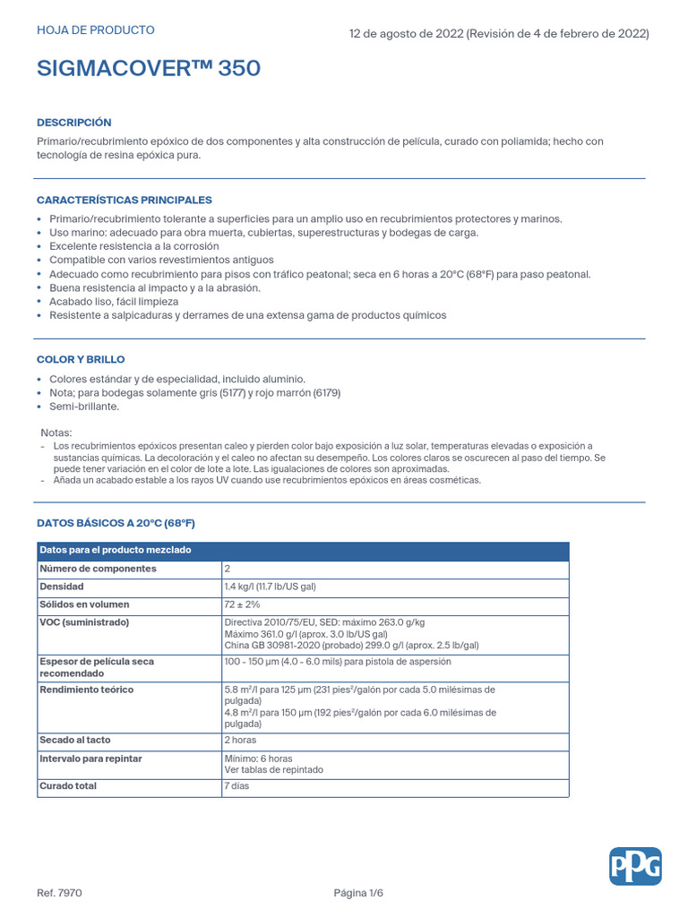 Recubrimiento Epóxico SIGMACOVER™350 | PDF | Hormigón | Epoxy