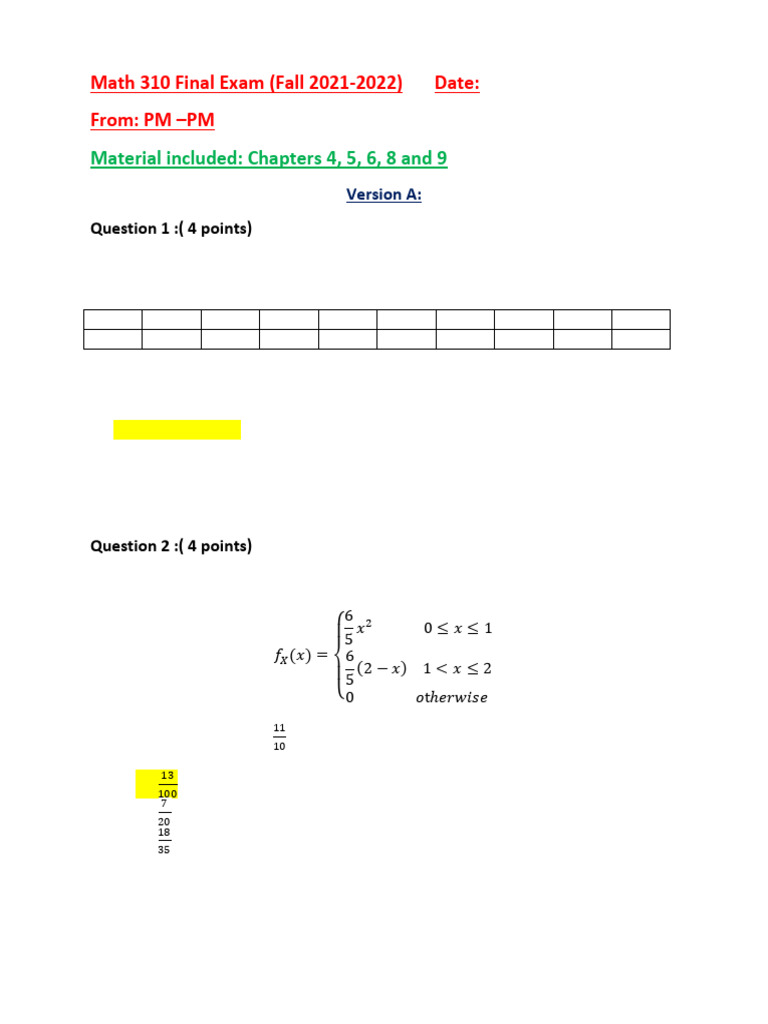 Math 310-Final Exam-Fall 2021-2022-Version A_with Solution | PDF ...