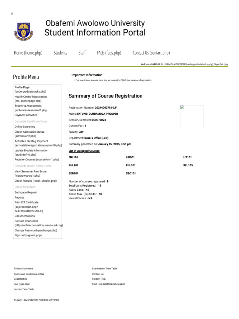 Obafemi Awolowo University - Course Registration (3) | PDF