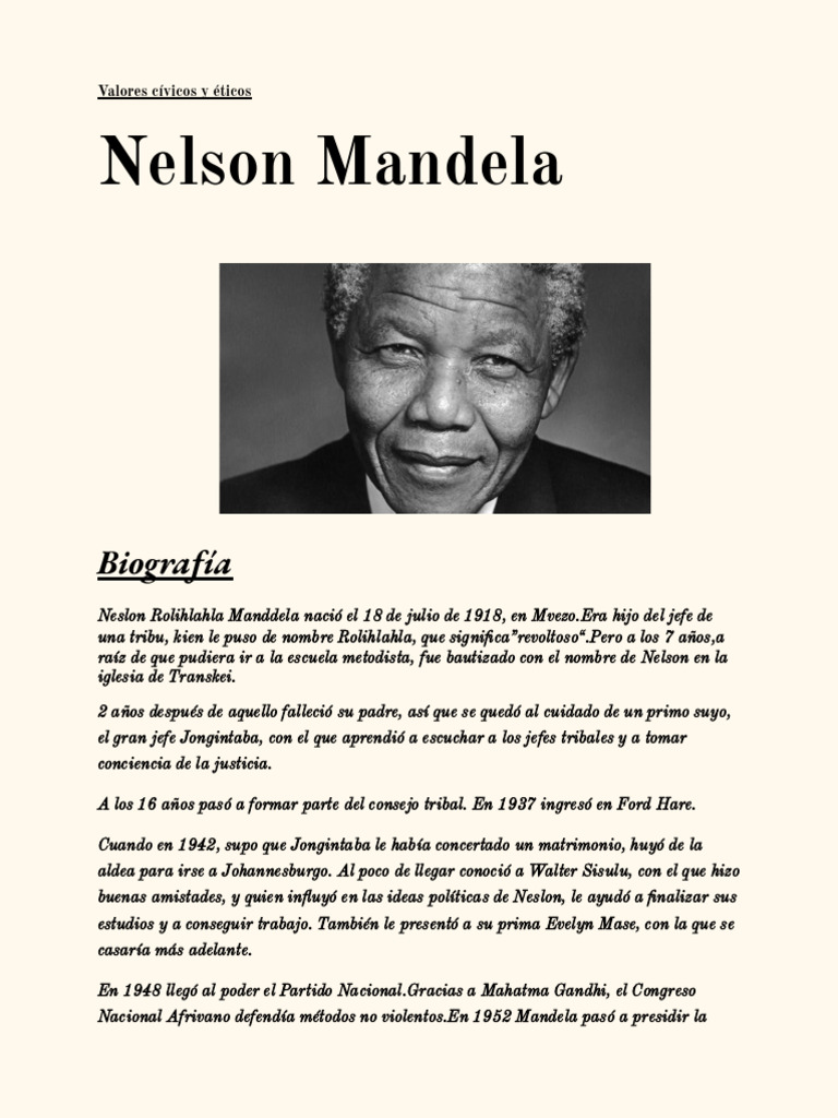 Biografía de Nelson Mandela: Valores y Legado | PDF