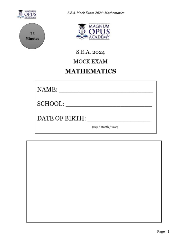 SEA 2024 Mathematics Mock Exam | PDF | Volume