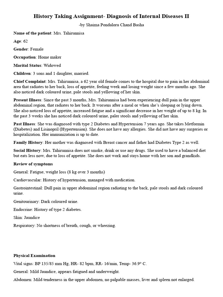 History Taking Assignment | PDF | Abdomen | Hypertension