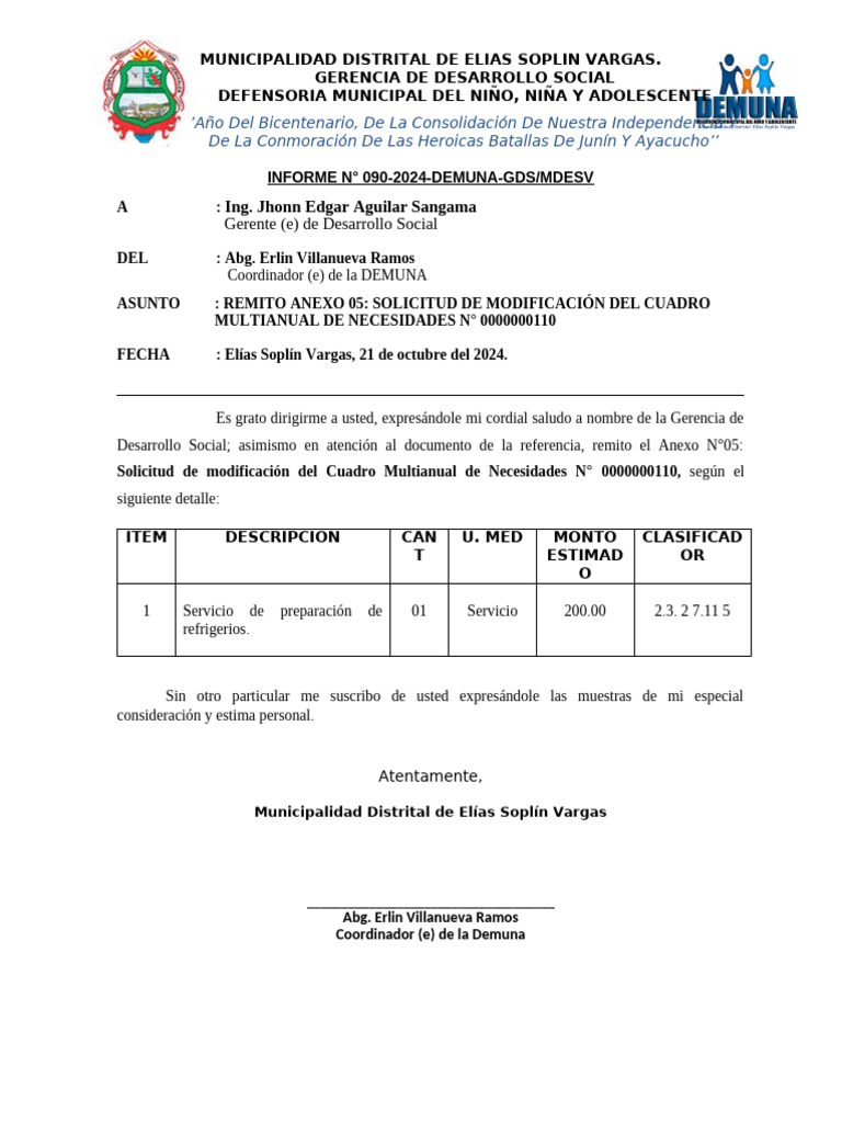 Informe N°090-2024 Remito Anexo 05-Solicitud de Modificación Del Cuadro Multianual | PDF